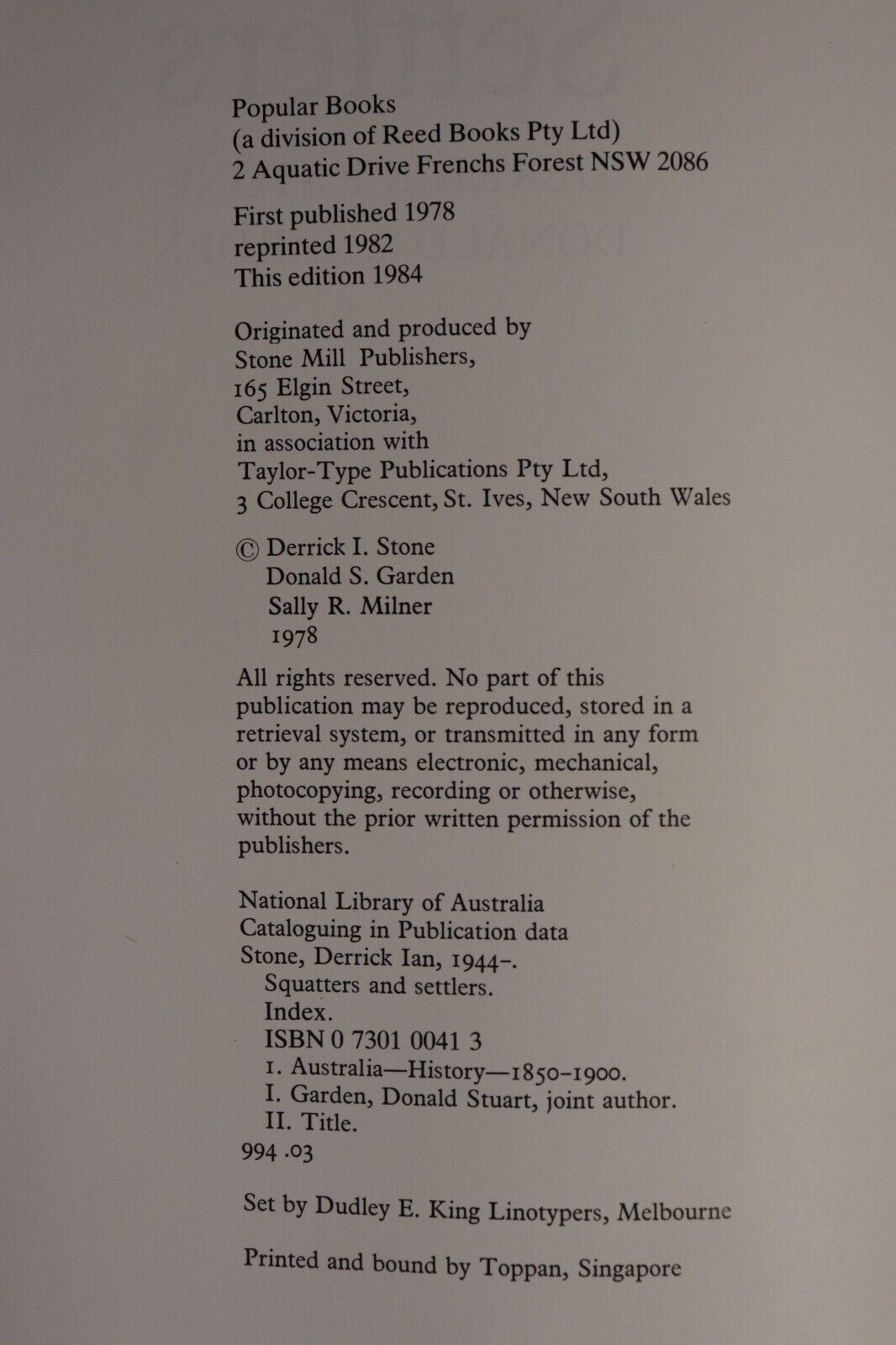 1984 Squatters & Settlers by Derrick Stone Australian Colonial History ...
